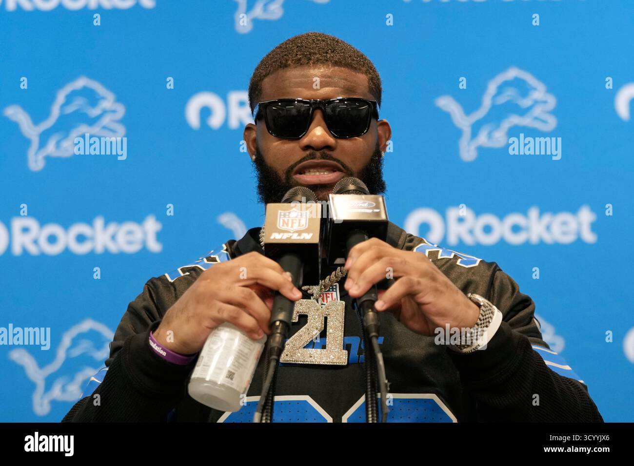 Detroit Lions cornerback Amik Robertson talks to the media following an ...