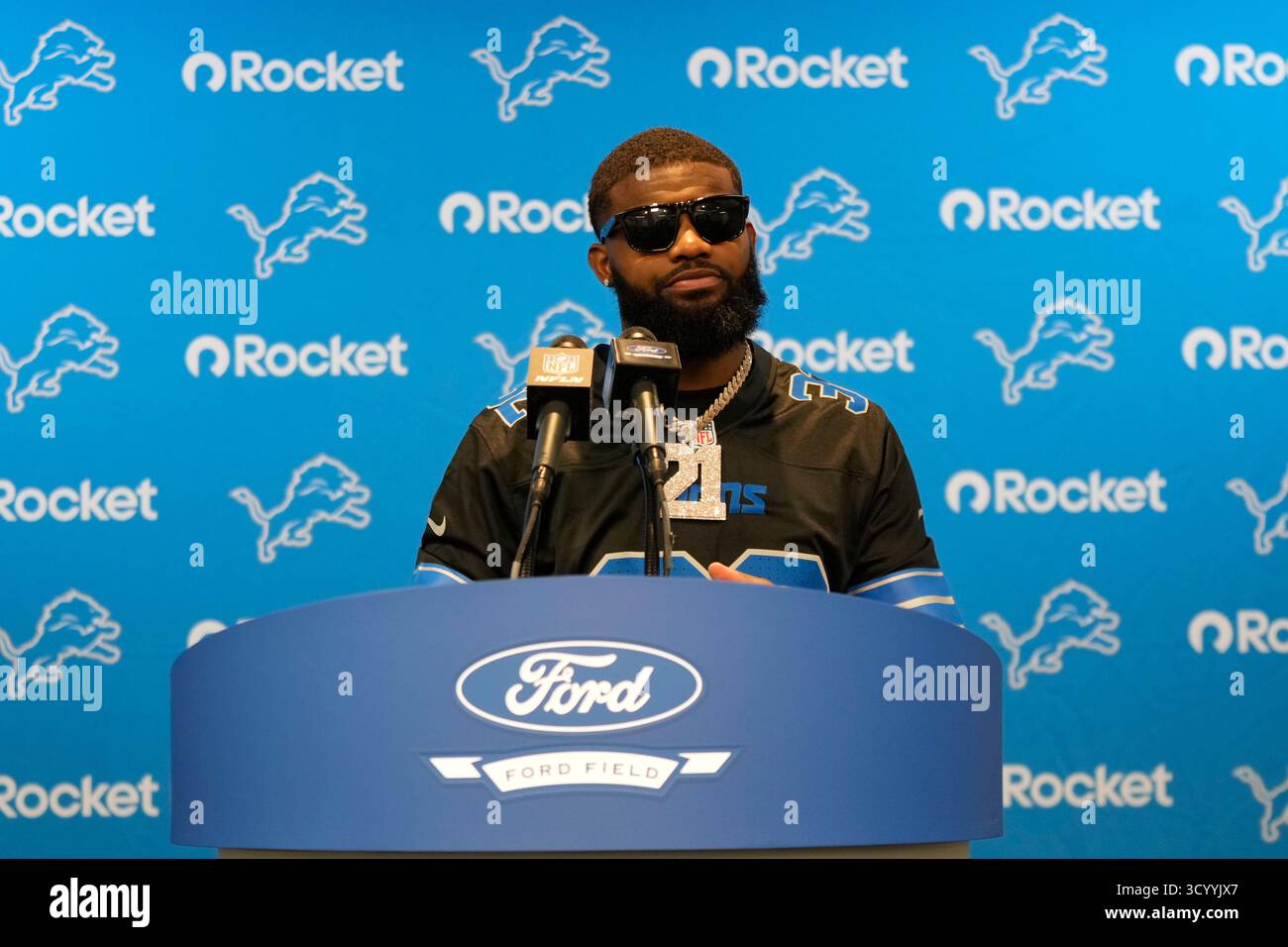 Detroit Lions cornerback Amik Robertson talks to the media following an ...