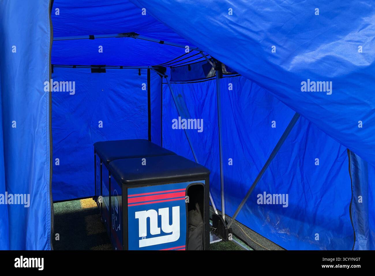 A blue medical tent is viewed Thursday, Oct. 9, 2025, at MetLife ...