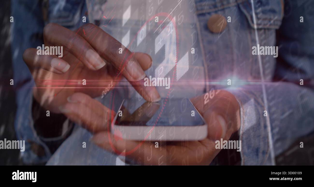 Tapping ringed hands in denim jacket navigating smartphone digital ...