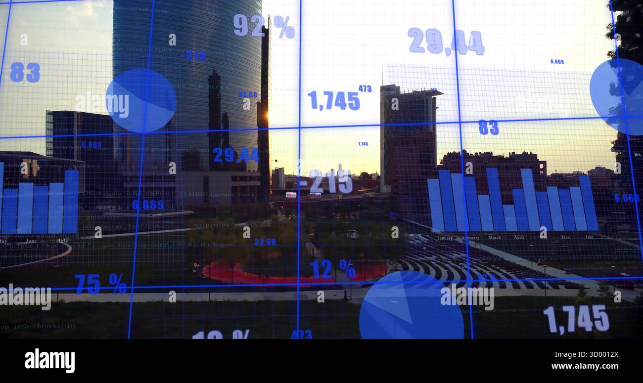 Displaying city skyline featuring translucent bar charts, pie charts ...