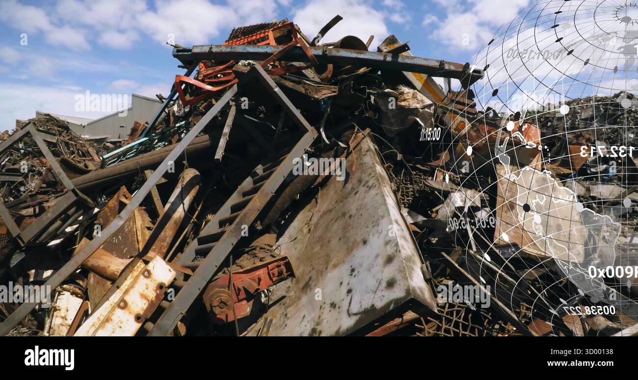 Displaying rusted scrap heap piling in outdoor scrapyard with globe ...
