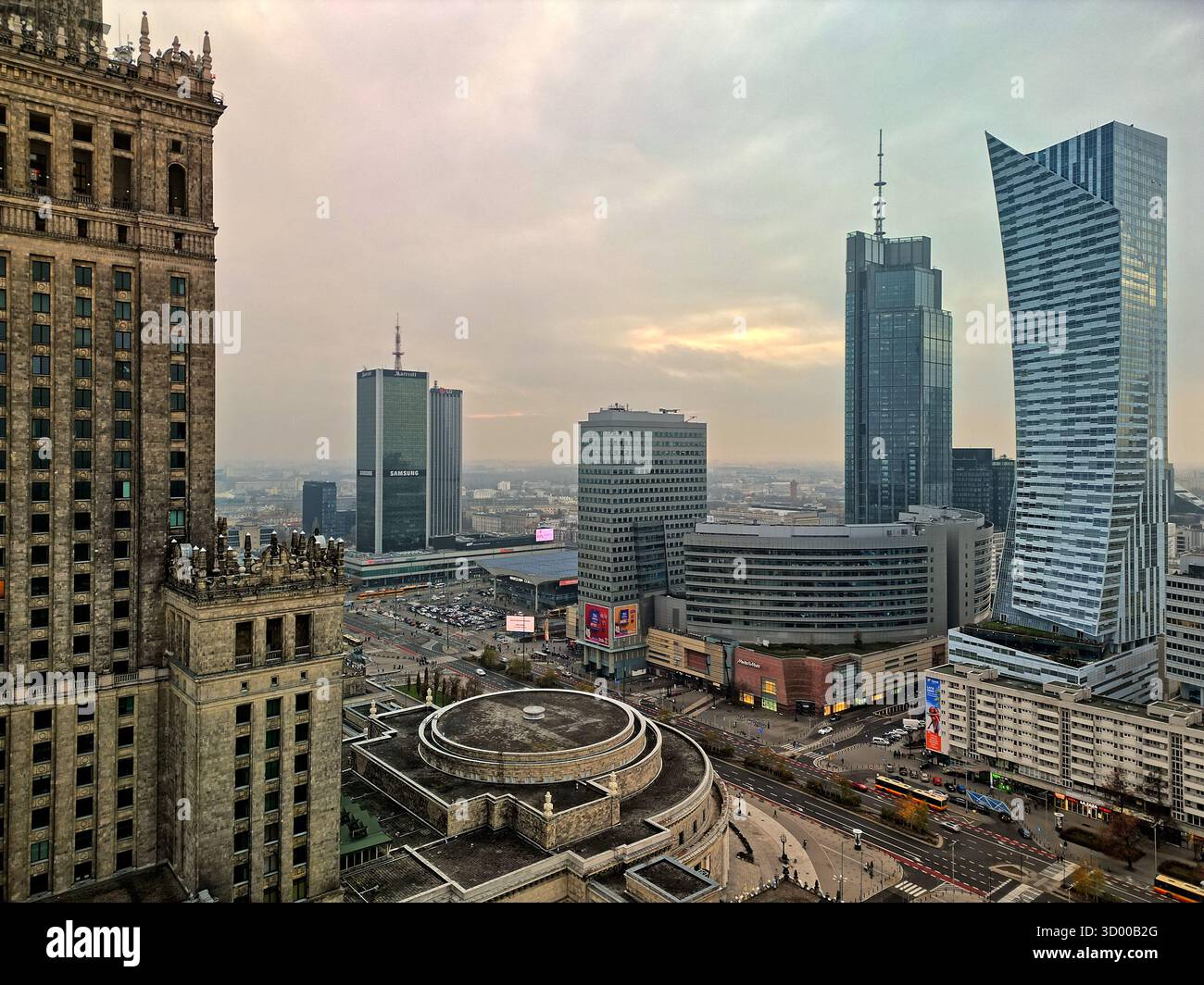 Drone shot focusing on the side view of the Palace of Culture and ...