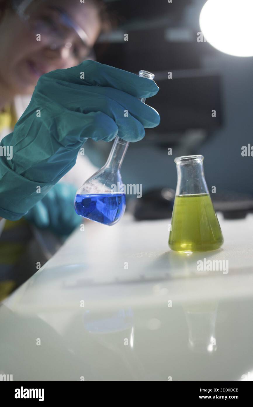 Lab technician carries chemical experiments in flasks with reagents ...