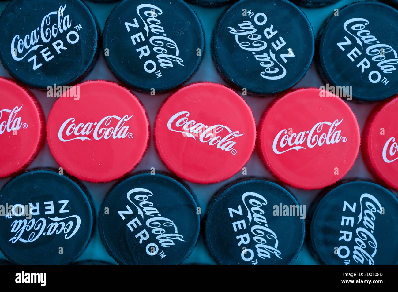 KYIV, UKRAINE - JANUARY 29, 2025 Coca Cola Plastic bottle caps ...