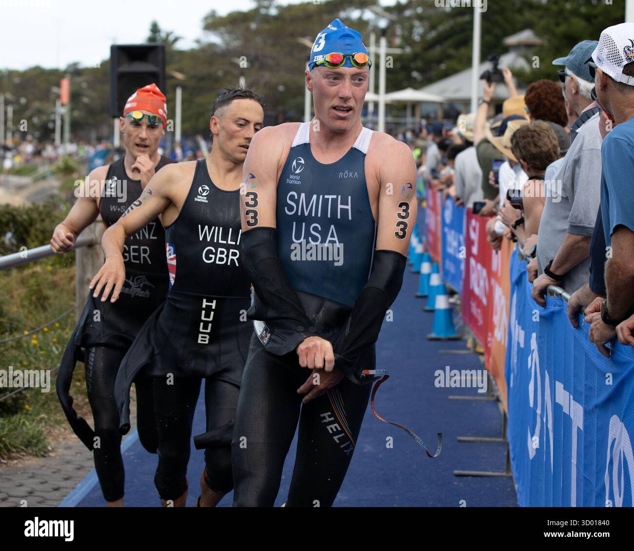 Darr Smith, foreground, of Atlanta, GA, at the 2025 World Triathlon Championship Wollongong, on ...
