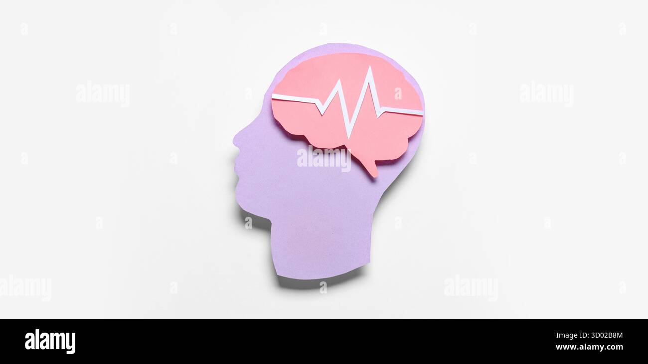 Paper human head and brain with cardiogram on light background Stock ...