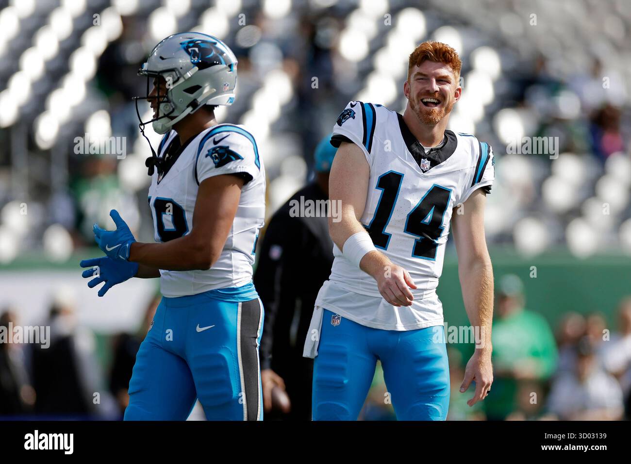 Carolina Panthers quarterback Andy Dalton (14) reacts with wide ...