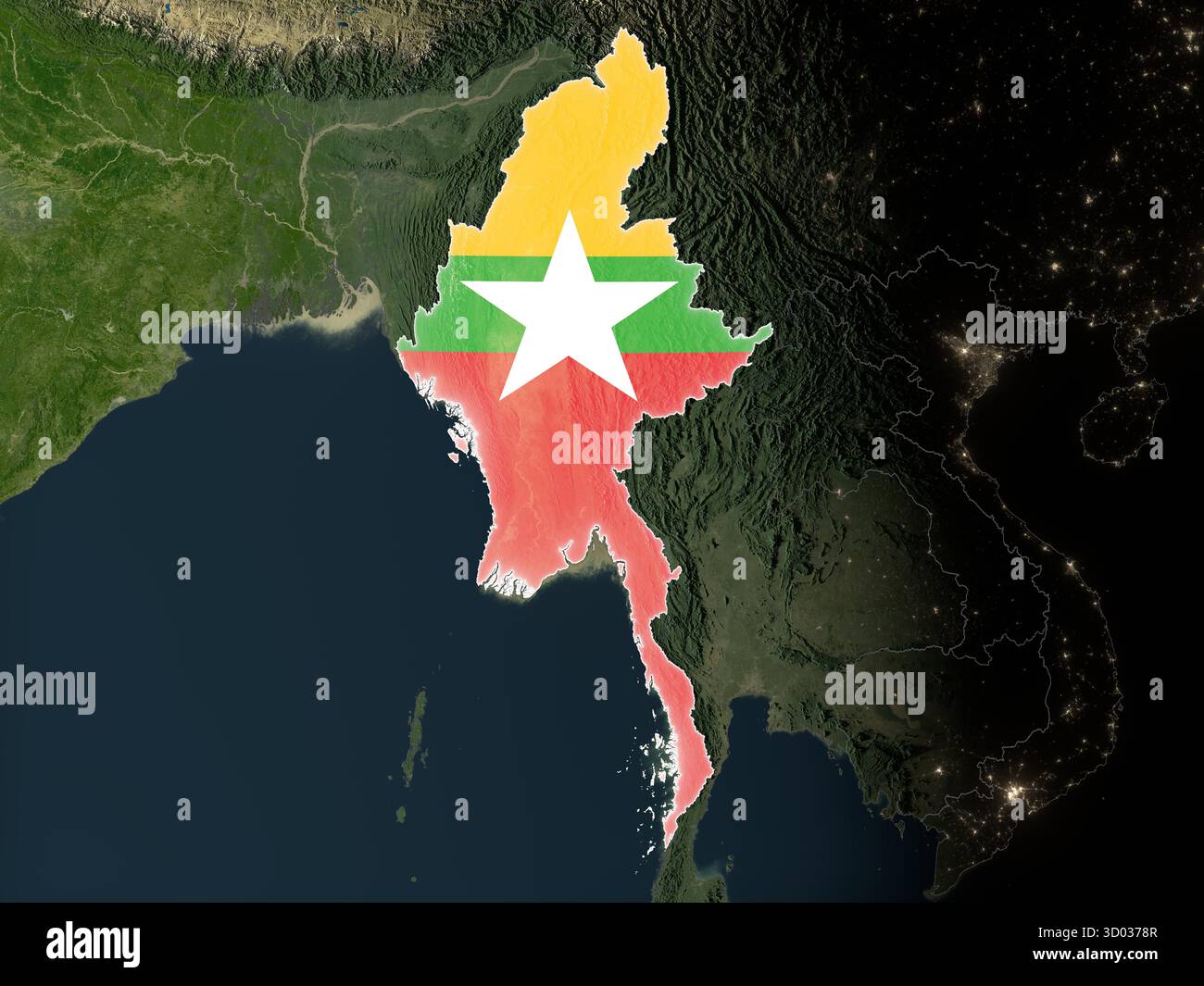 Myanmar overlayed with its national flag on realistic Earth. Elements ...