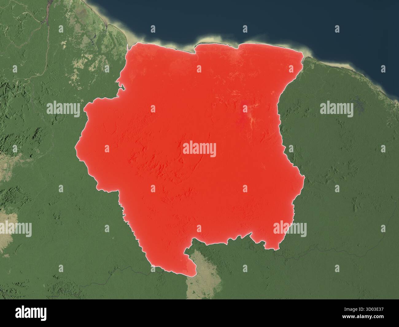 Suriname highlighted in red on a realistic map with country borders ...