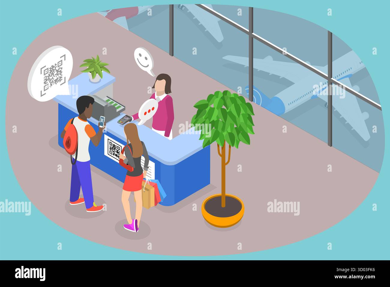3D Isometric Flat Illustration of QR Code Check-in, Verification Process 3D Isometric Flat ...