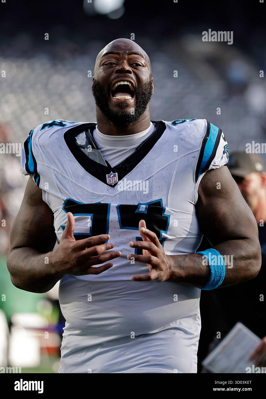 Carolina Panthers offensive lineman Jake Curhan (74) reacts after an ...