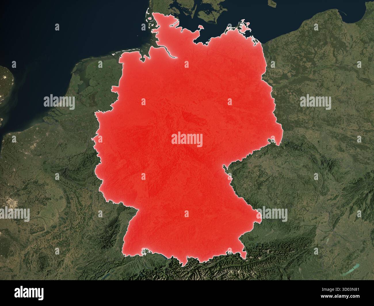 Germany highlighted in red on a realistic map with country borders ...