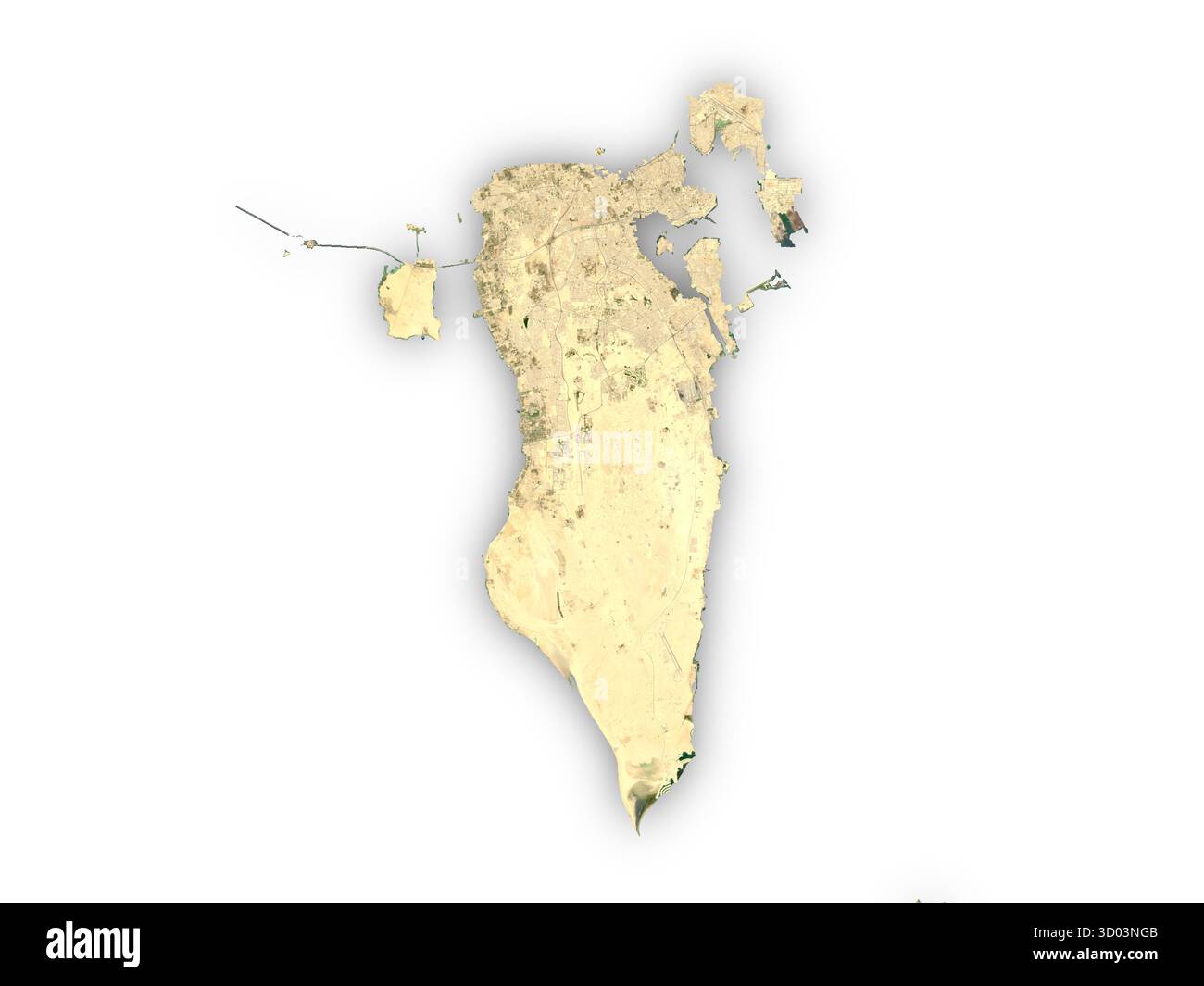 Realistic map of Bahrain as seen from space cut out on white background ...