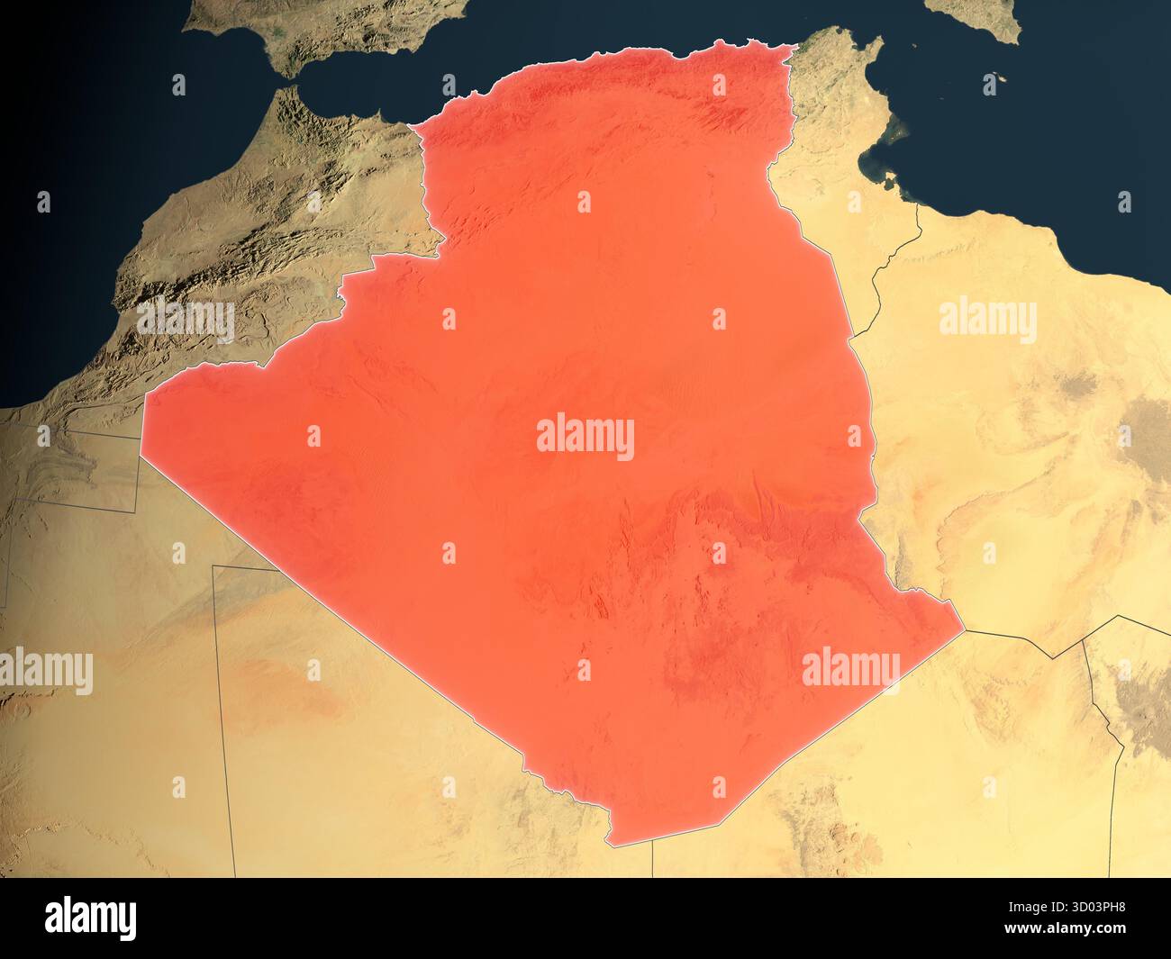 Algeria highlighted in red on a realistic map with country borders ...