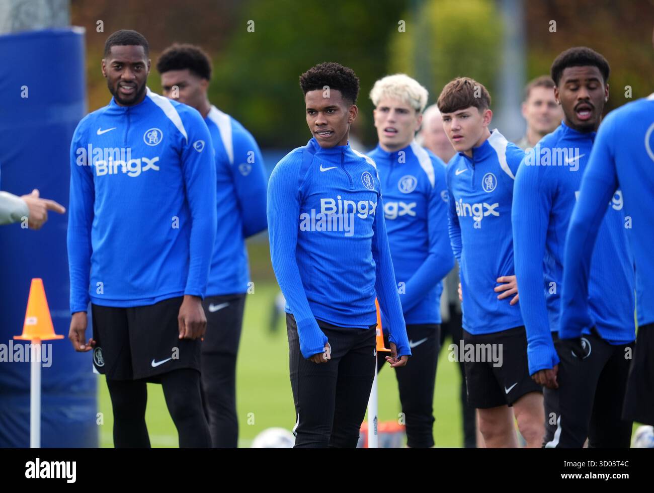 Chelsea's Estevao (centre) during a training session at Cobham training ...