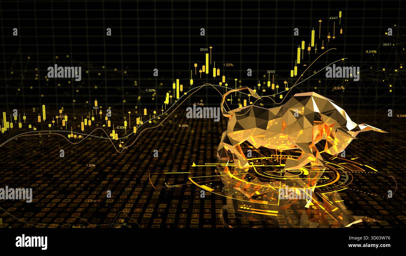 3D illustration with a golden bull and digital candle-stick-chart. 3D ...