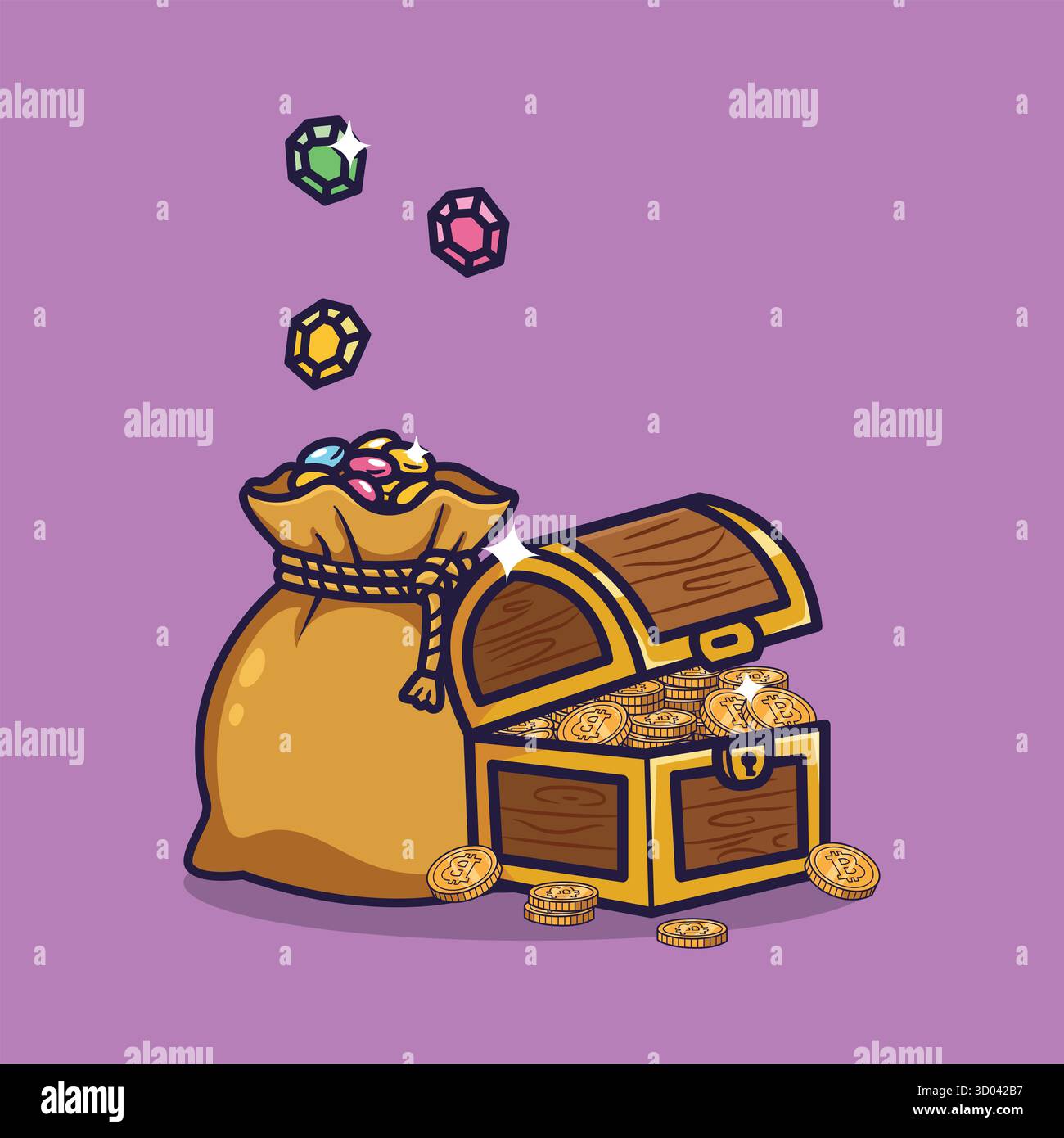 Cute Treasure Scene with Gems and Gold Coins – Vector Illustration ...