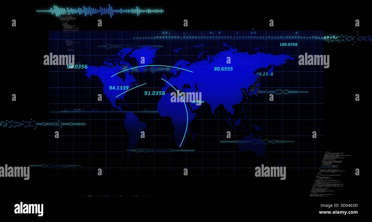 Displaying world map with grid highlighting connection arcs and metrics ...