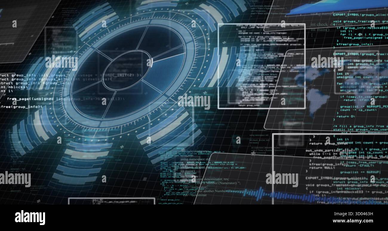 Projecting interface showing circular HUD over grid with code windows ...