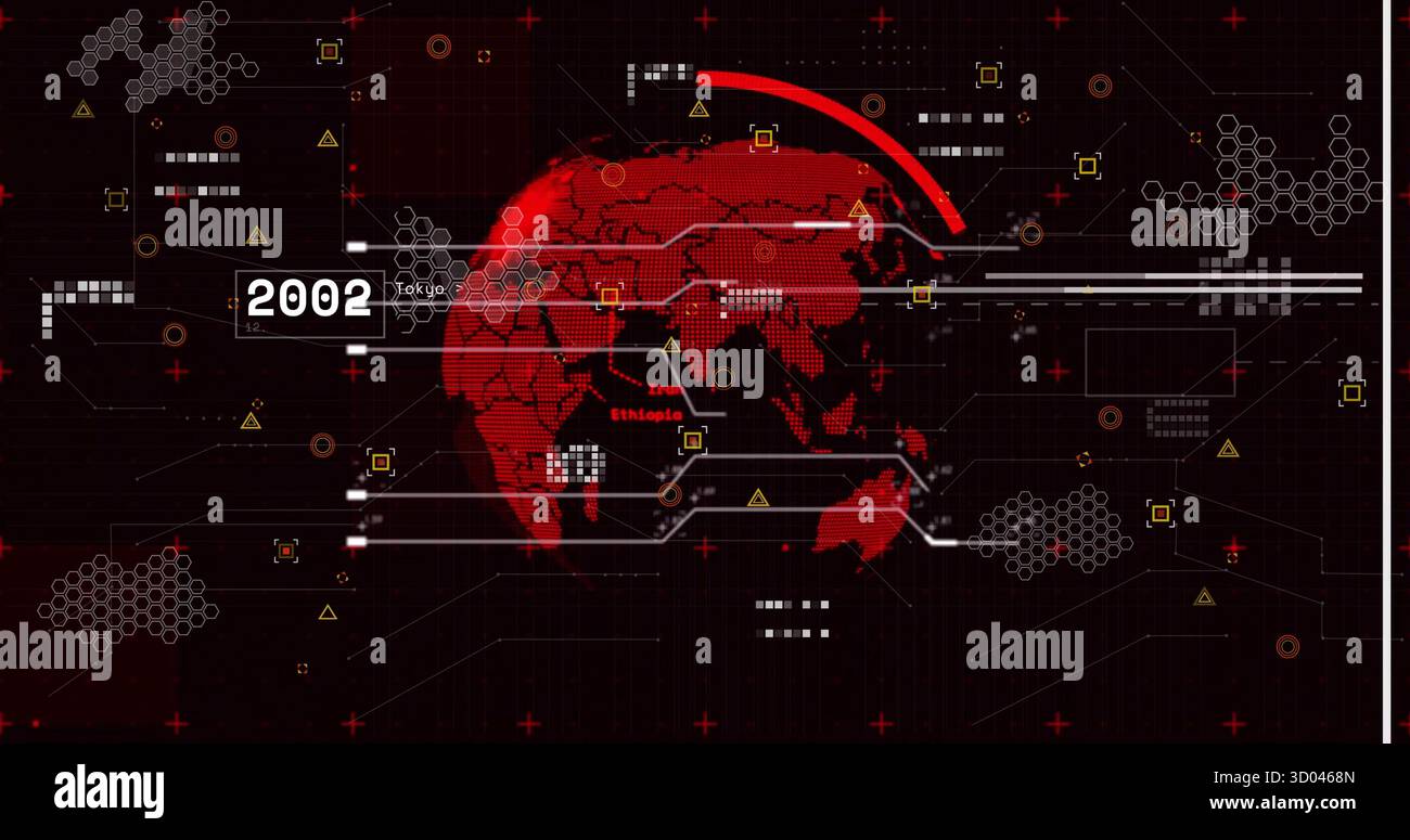 Rendering stylized red eastern-hemisphere map on dark grid display ...