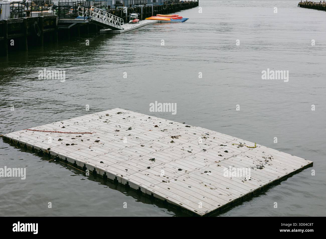Floating dock covered in debris near a calm river with colorful kayaks ...