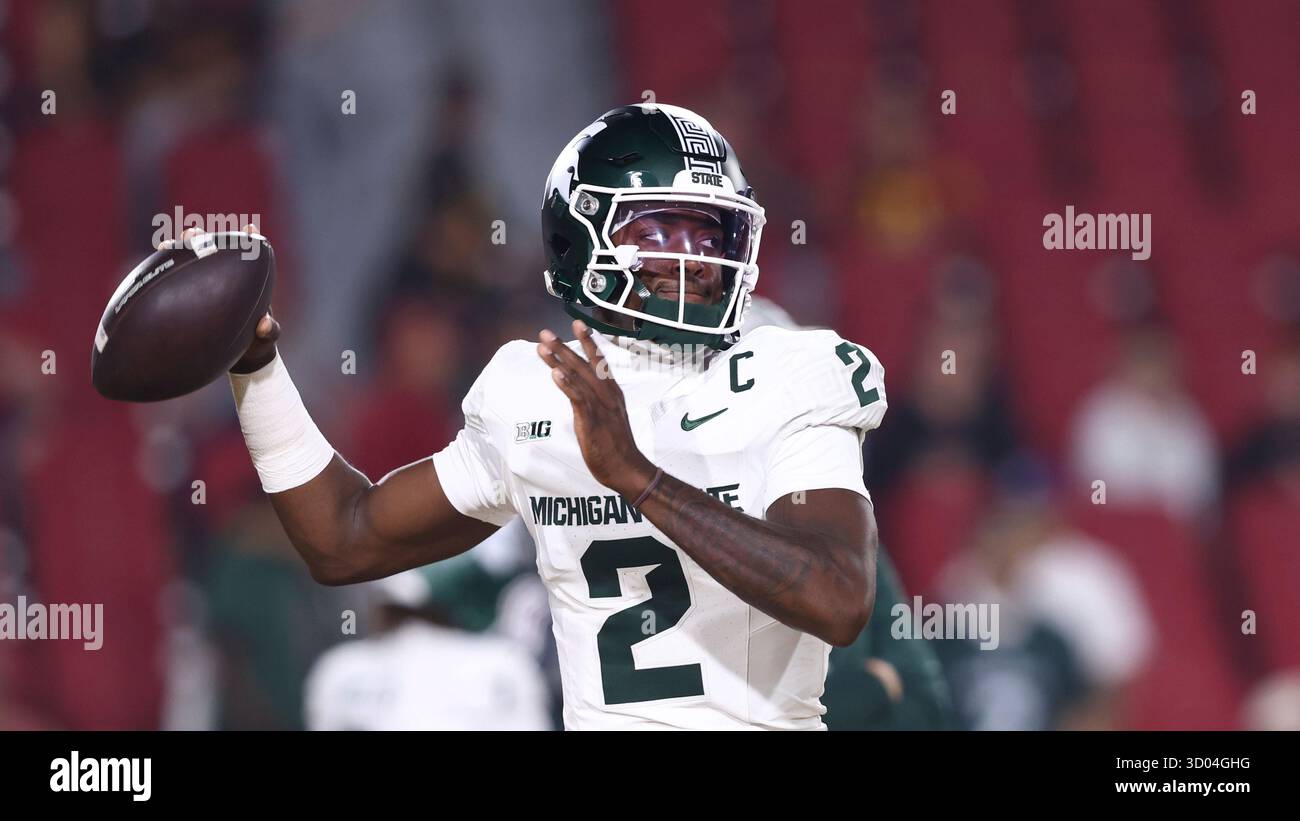 Michigan State quarterback Aidan Chiles (2) warms up before an NCAA ...