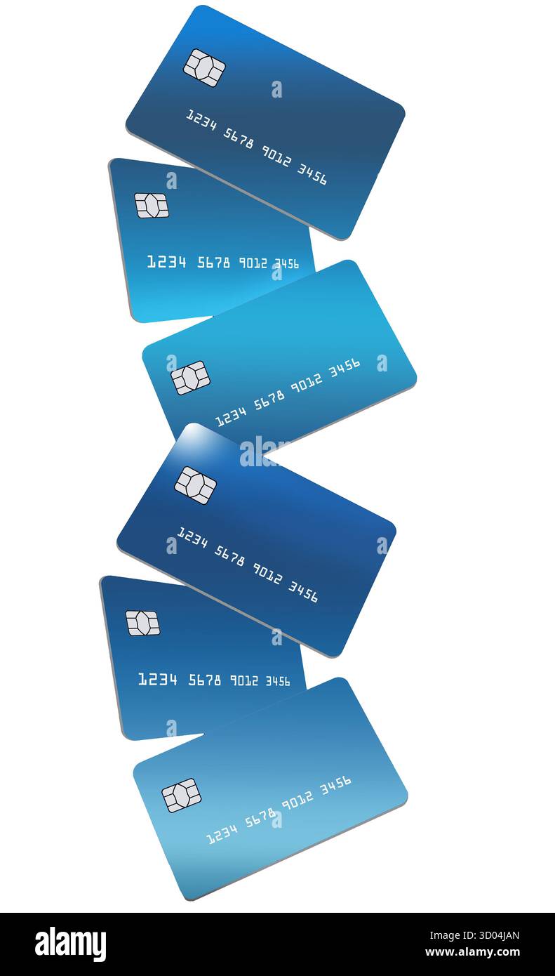 Generic, mock credit cards or debit cards are seen in this 3-d ...