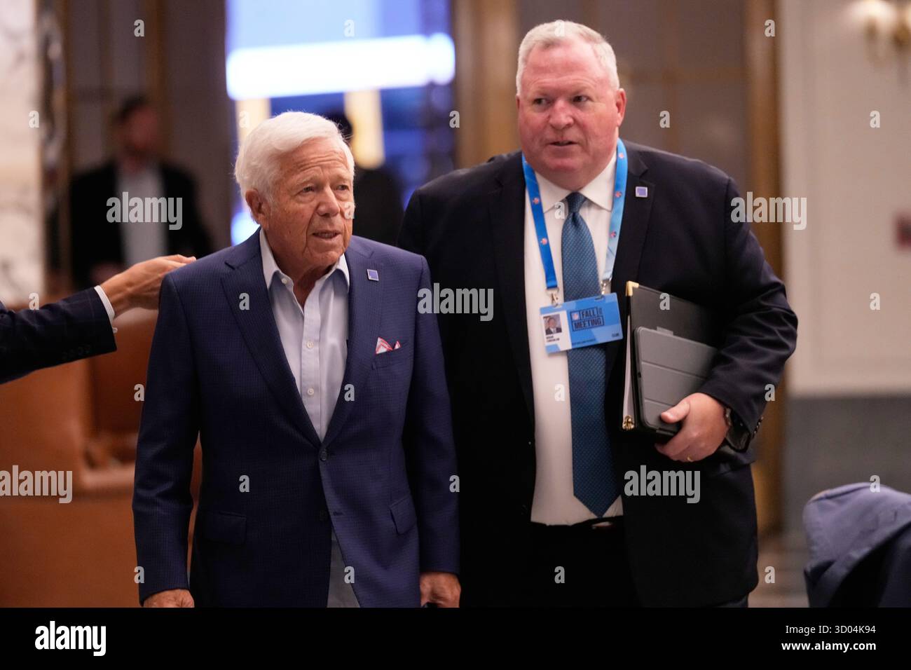 New England Patriots owner Robert Kraft, left, arrives for NFL owners ...