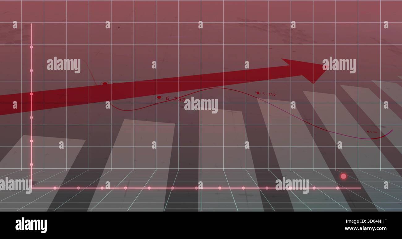 Red arrow trending upward in grid background with gridlines, grey ...