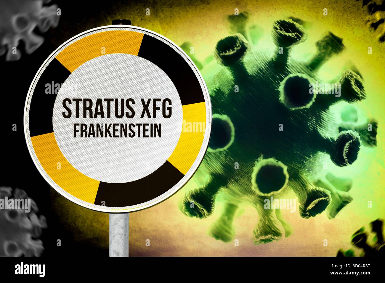 FOTOMONTAGE, Corona-Virus und Gefahrenschild mit Aufschrift Stratus XFG ...