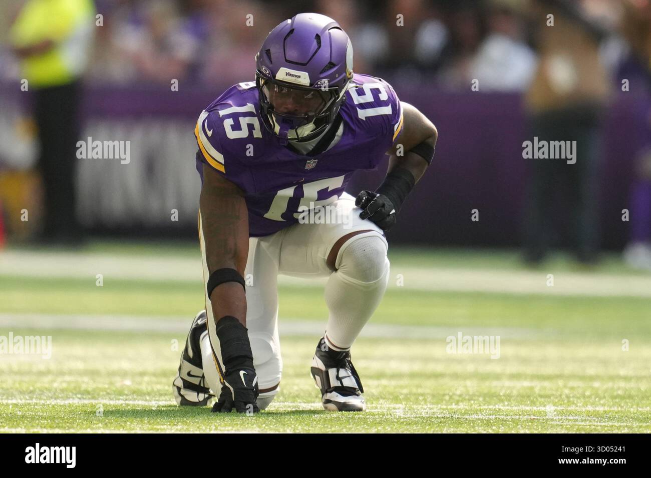 Minnesota Vikings linebacker Dallas Turner (15) lines up for play ...