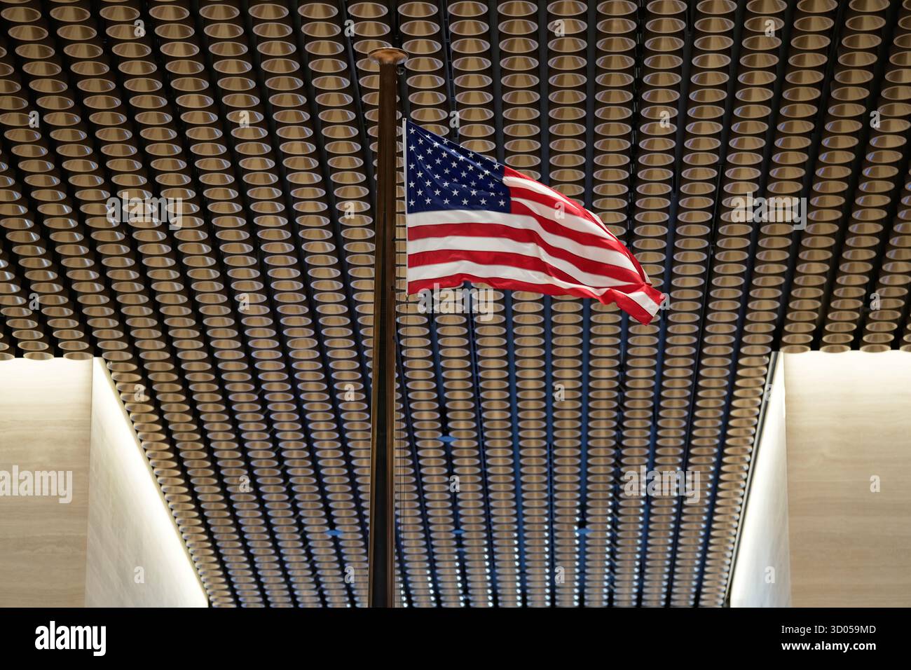 An American flag flies in the lobby of the new JPMorgan Chase building ...