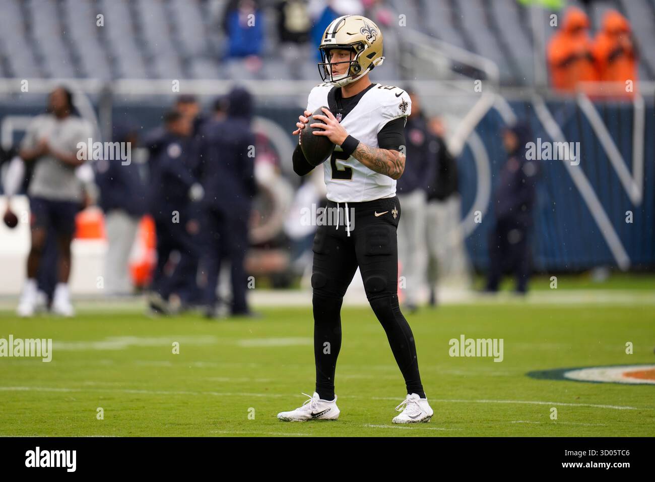 New Orleans Saints quarterback Spencer Rattler (2) warms up before an ...