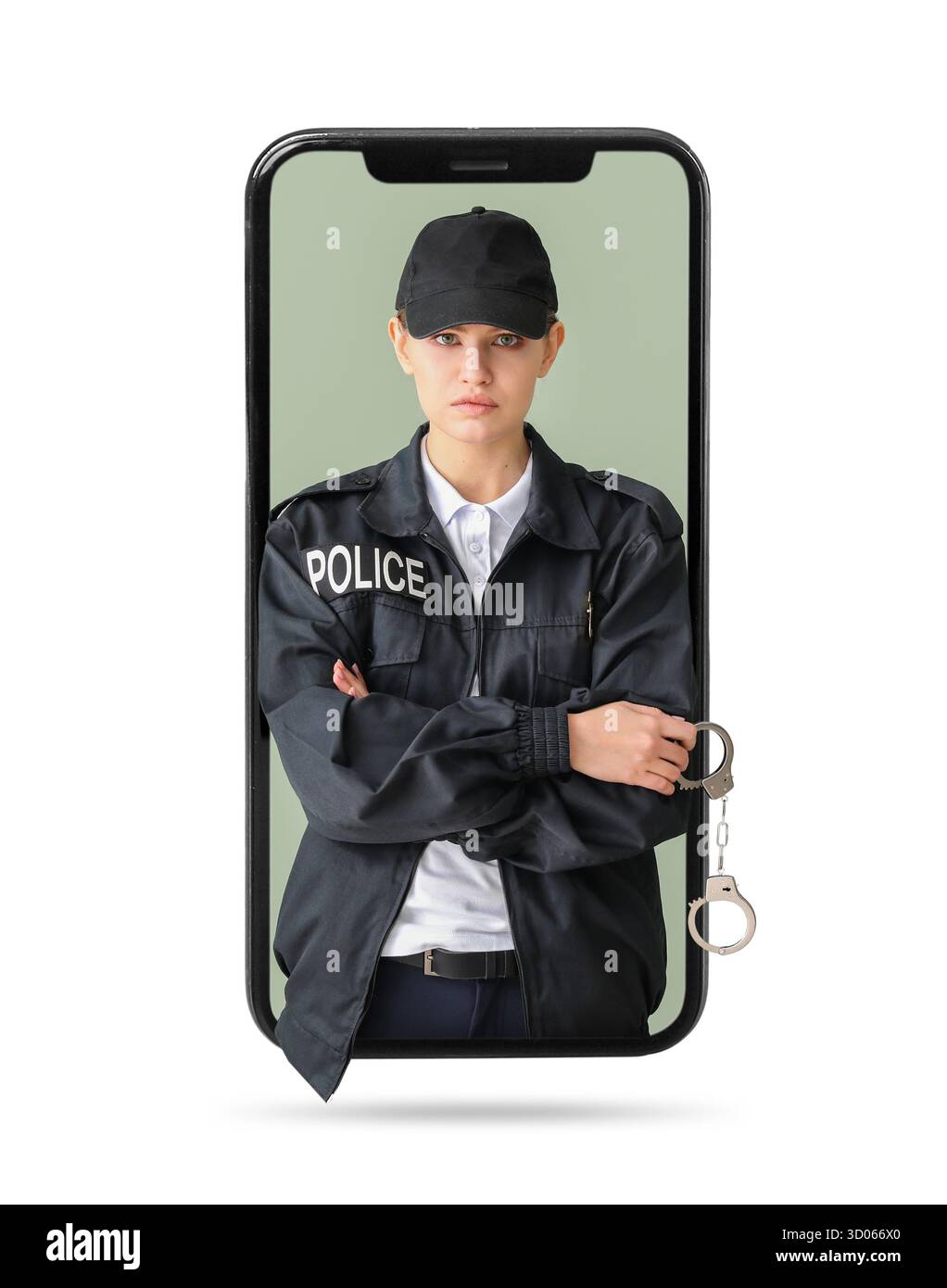 Female police officer on screen of big mobile phone against white ...