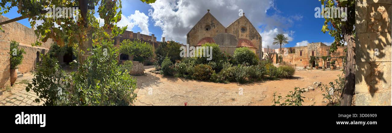Panorama of the garden courtyard of the 16th century Greek Orthodox ...