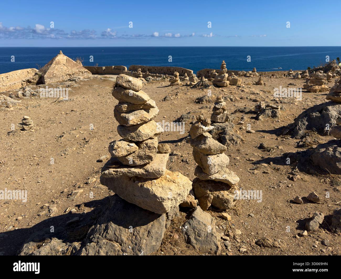 Rock cairns at the Fortress of Rythymno built by the Venitians in the ...