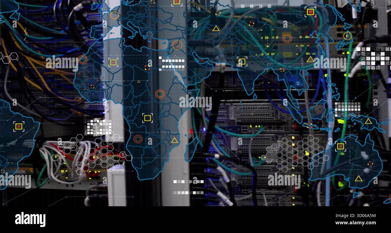 Showing server racks routing network data in data center, with Ethernet ...
