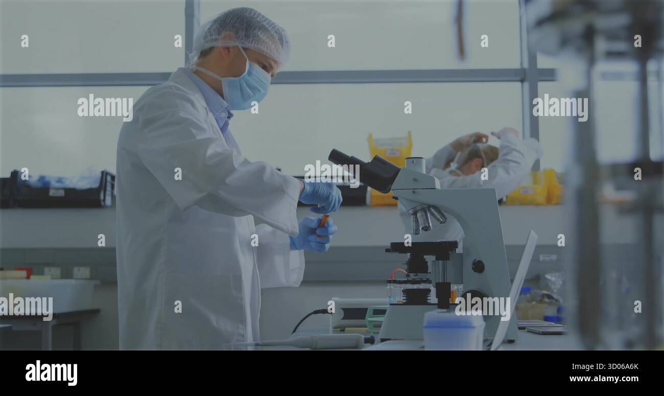 Male scientist in lab coat pipetting liquid into vials in lab, with ...