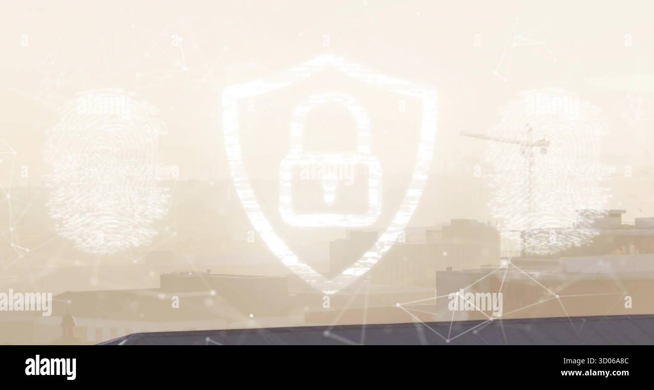Displaying shield padlock icon over hazy urban skyline, with ...