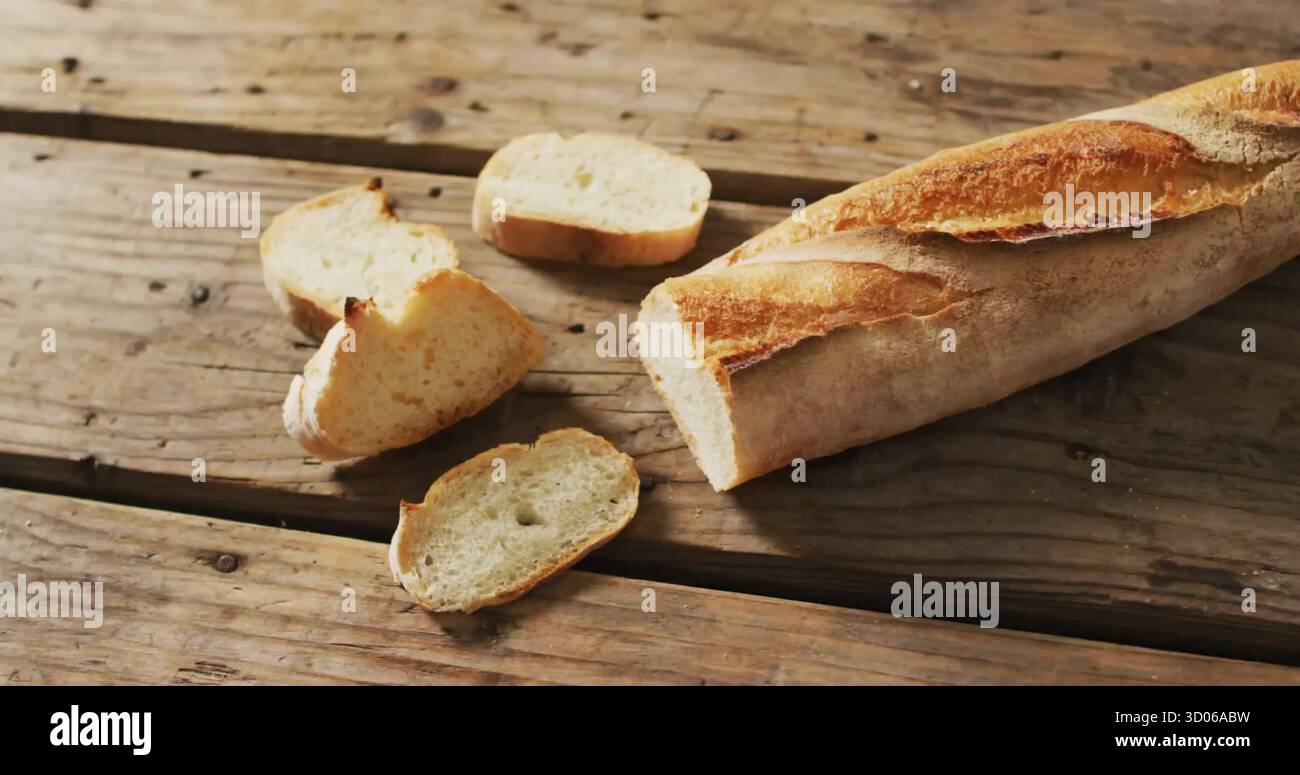 Showing rough tabletop featuring sliced French baguette and scattered ...