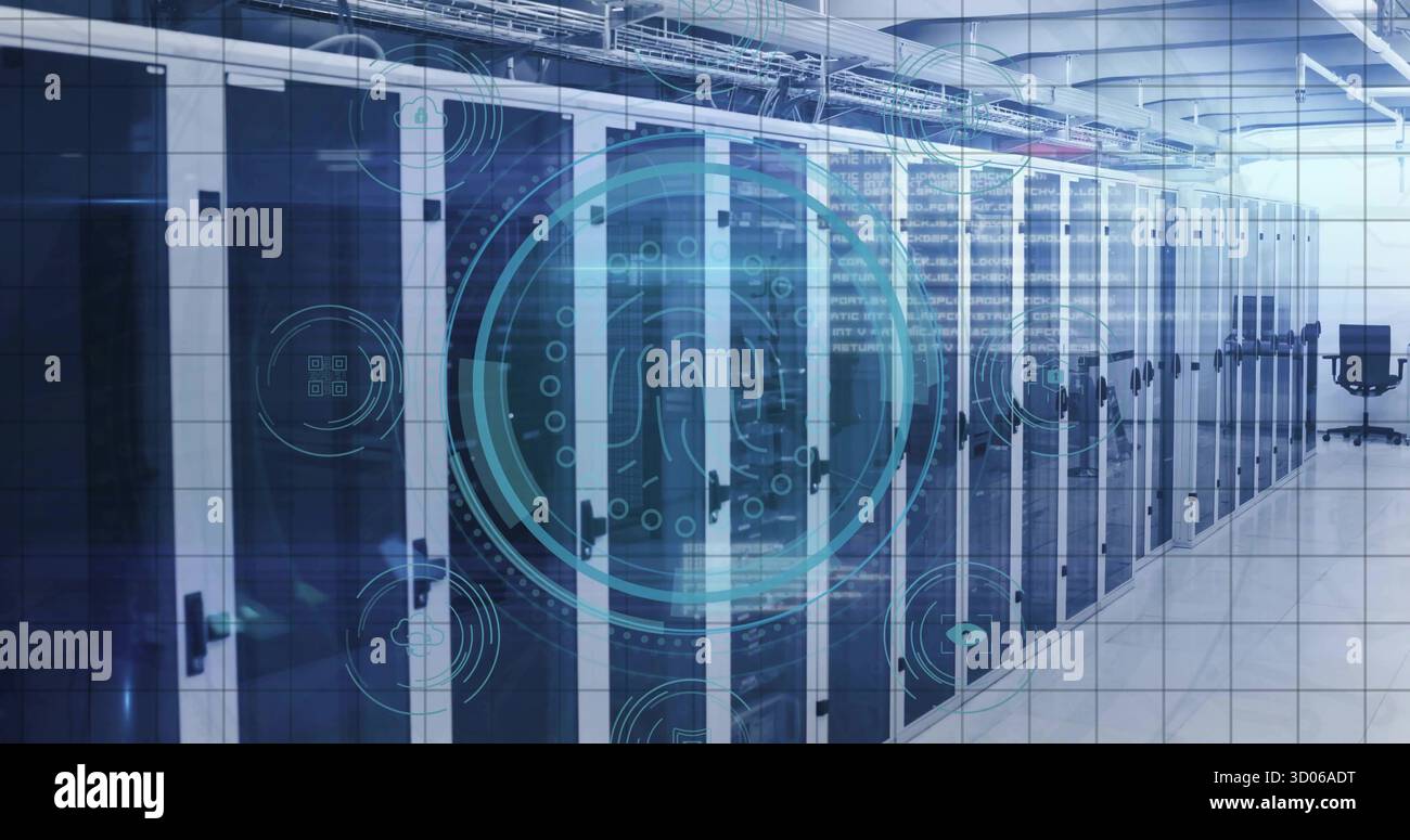 Lining server racks stretching data center corridor, with overhead ...