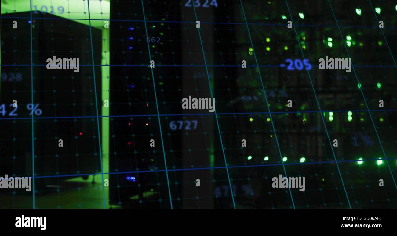 Server racks streaming metrics on digital grid overlay in data center ...