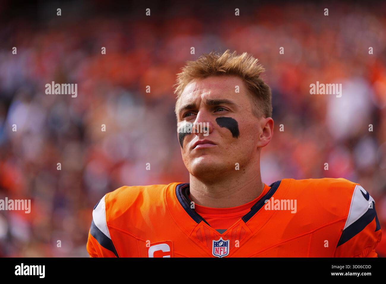 Denver Broncos quarterback Bo Nix looks on against the New York Giants ...