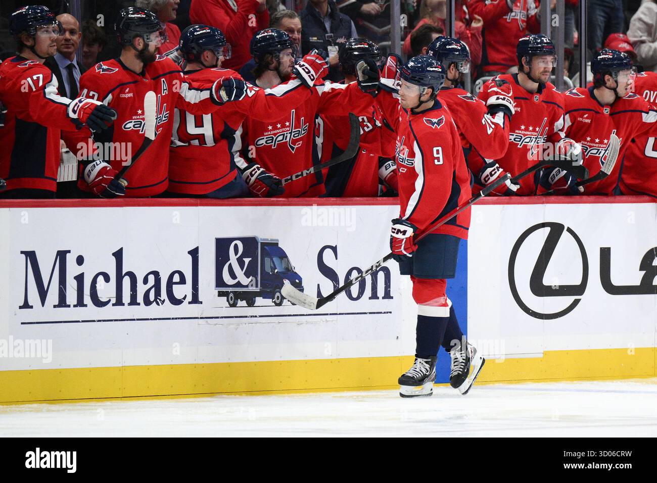 Washington Capitals right wing Ryan Leonard (9) celebrates his goal ...