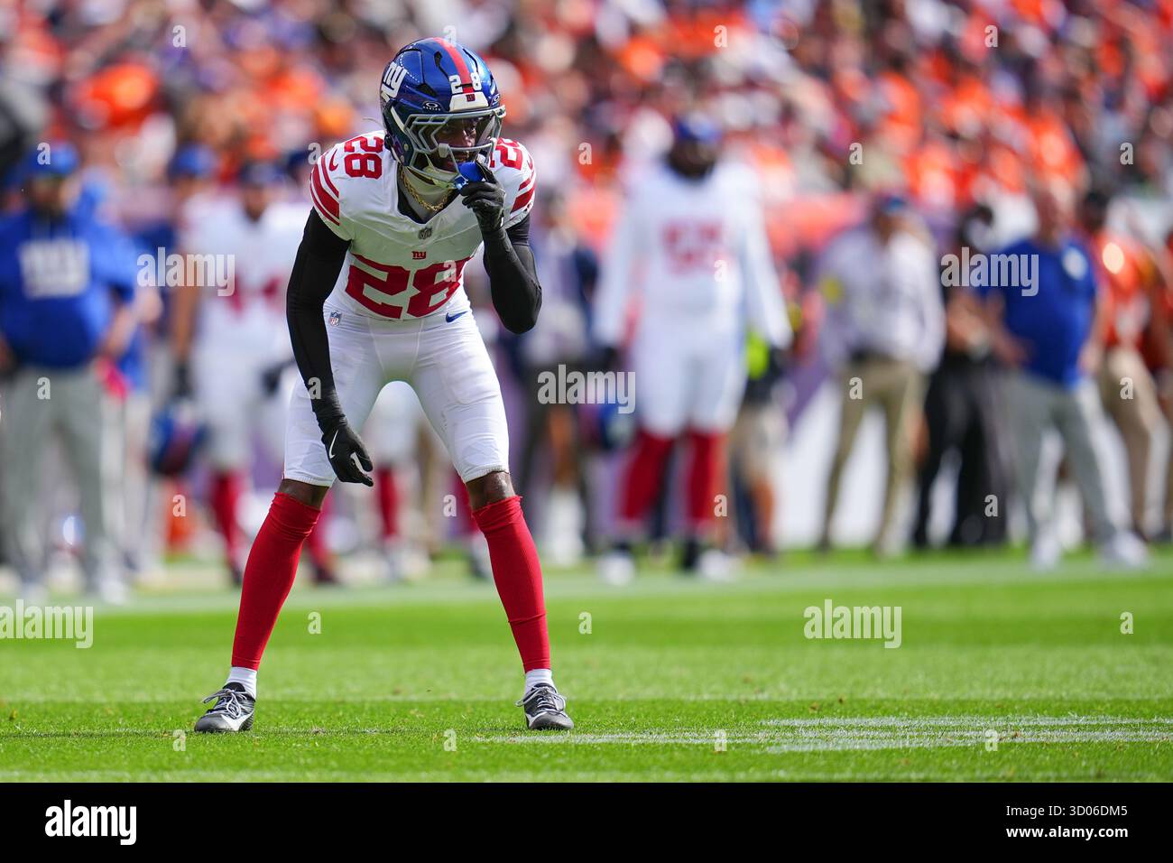 New York Giants cornerback Cordale Flott looks on against the Denver ...