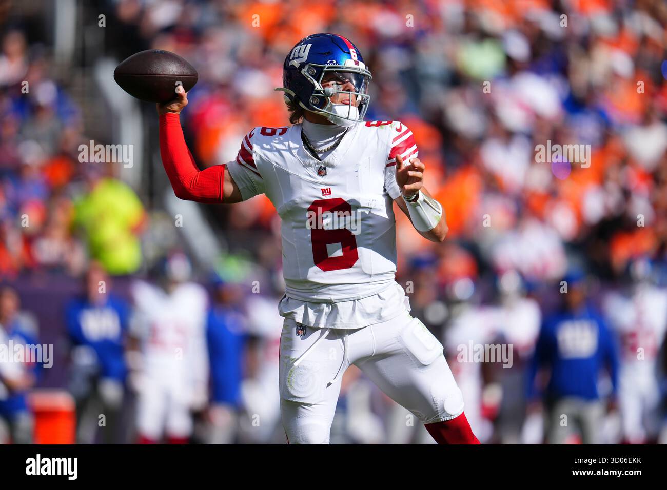New York Giants quarterback Jaxson Dart passes against the Denver ...
