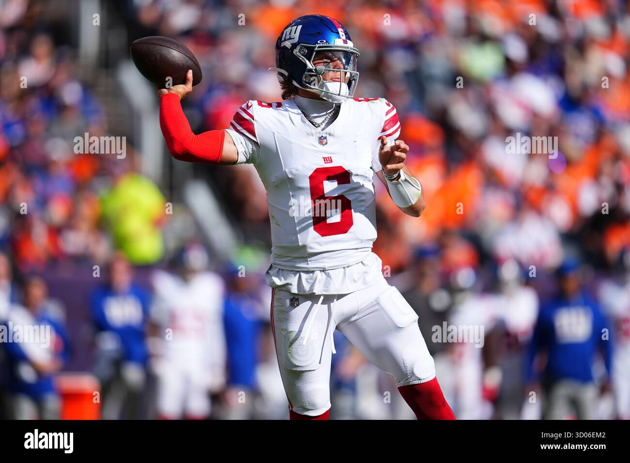 New York Giants quarterback Jaxson Dart passes against the Denver ...