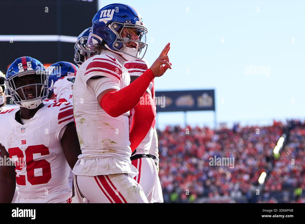 New York Giants quarterback Jaxson Dart (6) reacts against the Denver ...