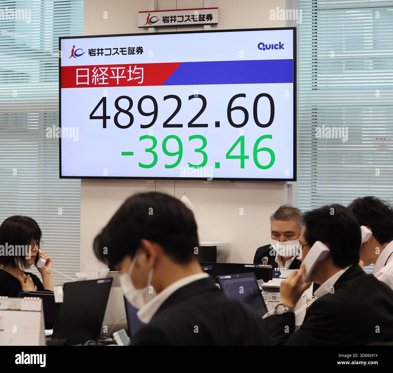 A display shows the Nikkei stock average falling at a securities ...